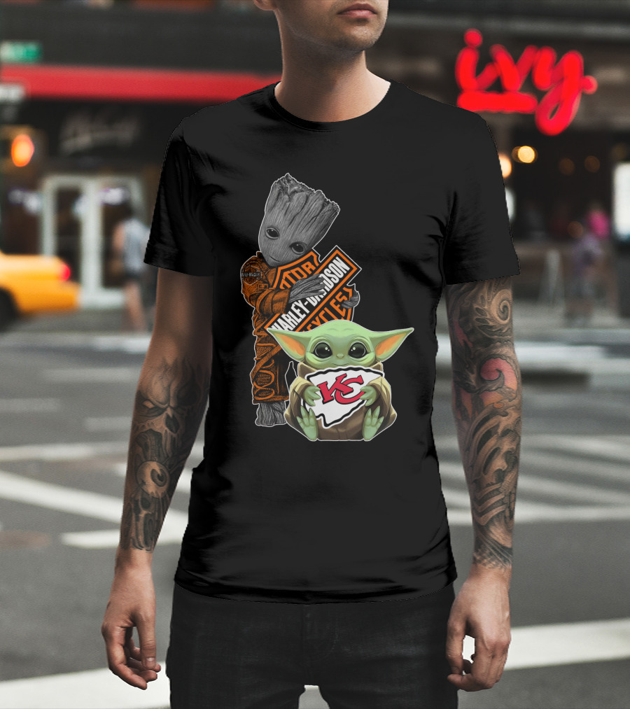 Harley Davidson Groot With Kansas City Chiefs Baby Yoda T-Shirt