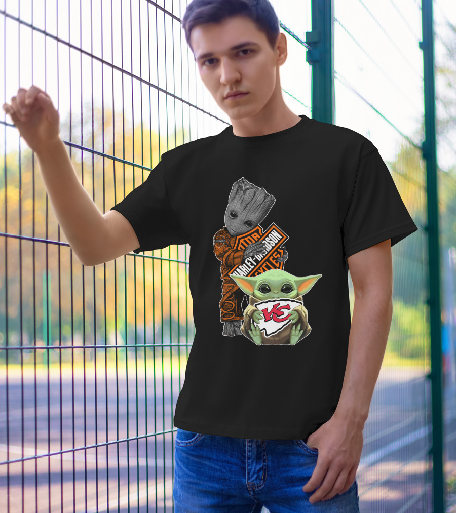 Harley Davidson Groot With Kansas City Chiefs Baby Yoda T-Shirt