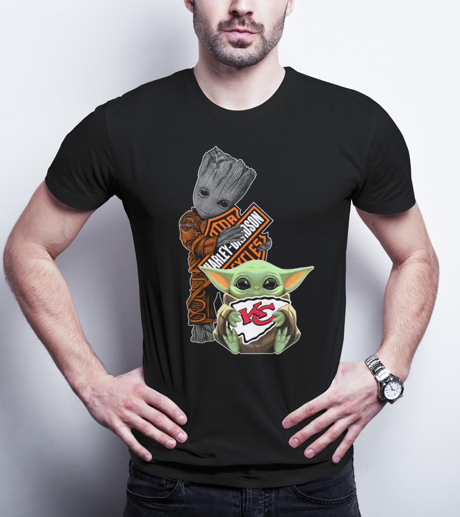 Harley Davidson Groot With Kansas City Chiefs Baby Yoda T-Shirt
