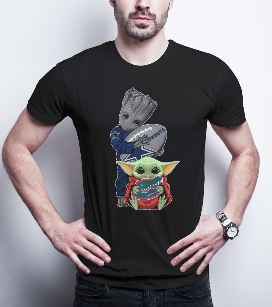 Cowboys Groot With Football And Baby Gator Yoda Gators T-Shirt