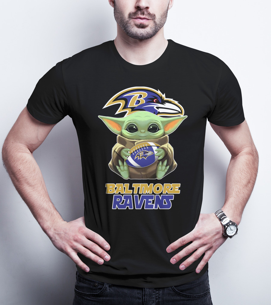 Baltimore Ravens Baby Yoda Holding Football T-Shirt