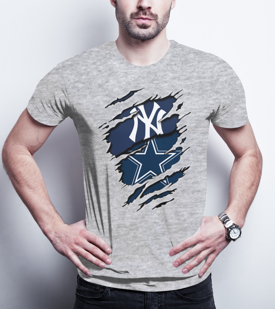 Cowboys Yankees Logo Mashup On Torn Background Gray T-Shirt