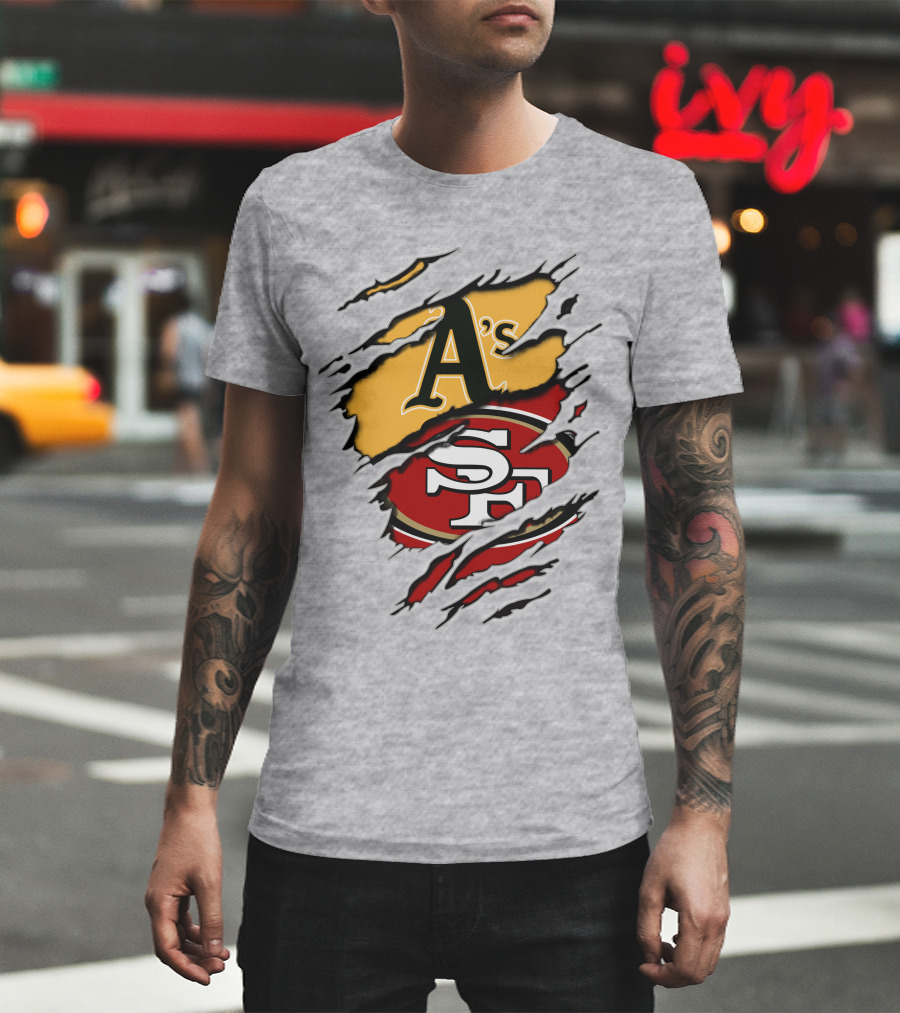 Oakland A's And San Francisco 49ers Torn Layered Logo Fusion T-Shirt