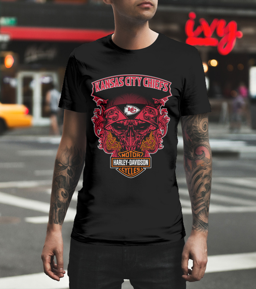 Kansas City Chiefs Harley Davidson Motorcycles Skull T-Shirt