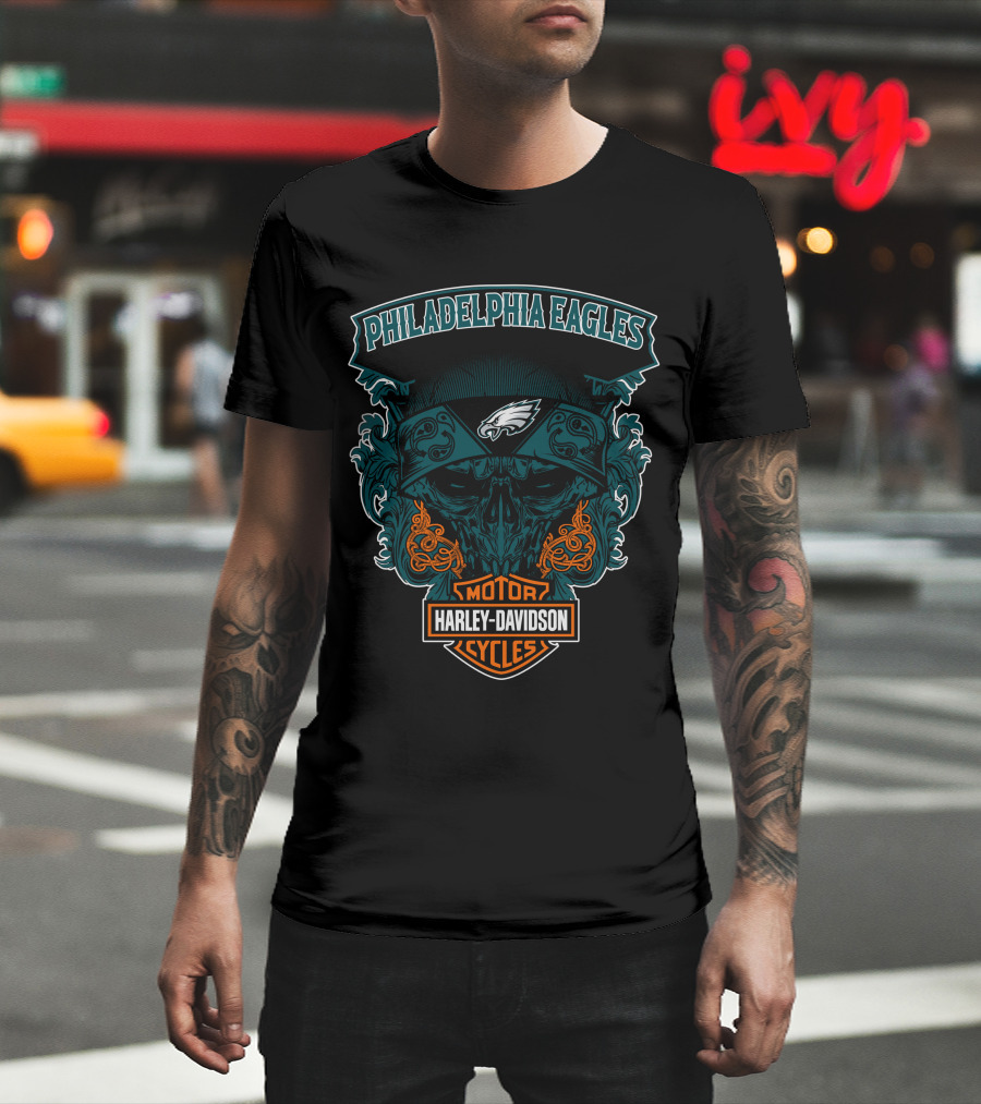 Philadelphia Eagles Harley Davidson Motorcycles Skull T-Shirt