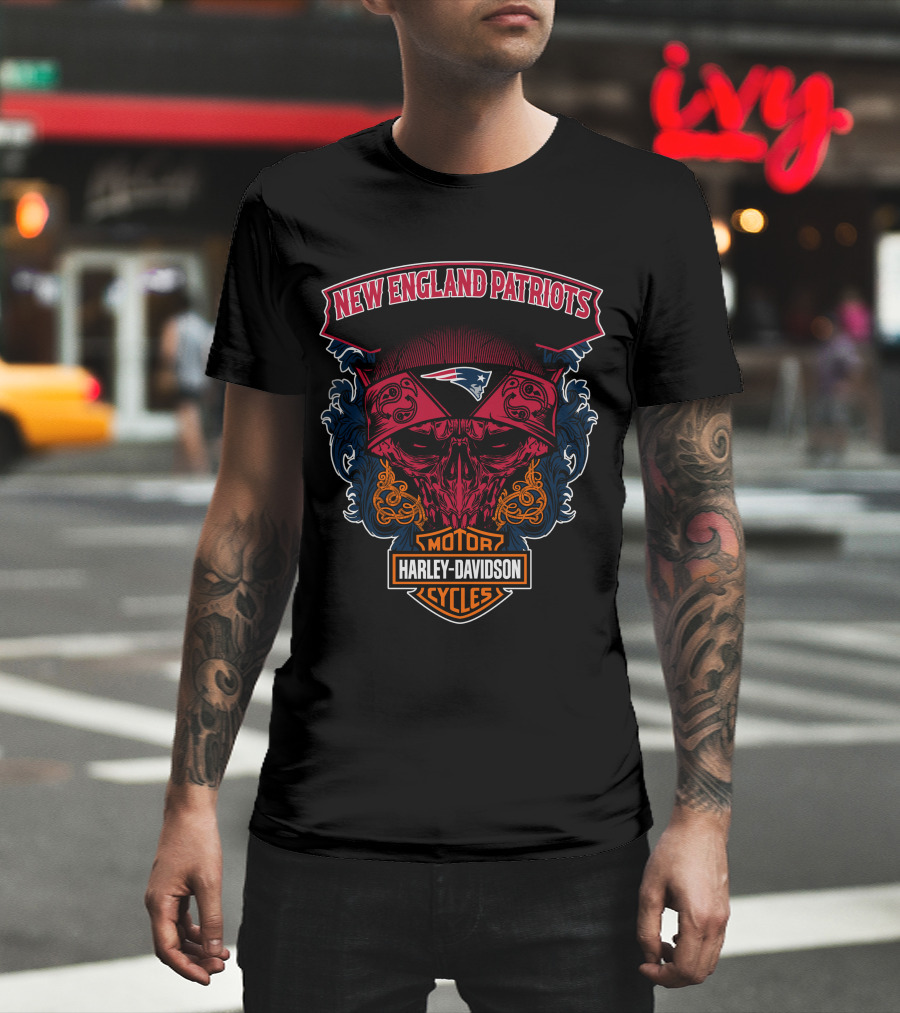 New England Patriots Skull Harley Davidson Motorcycles T-Shirt