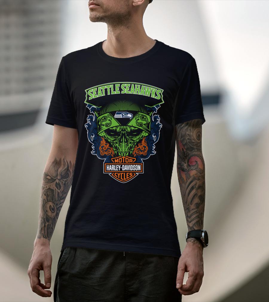 Seattle Seahawks Harley Davidson Skull Motor Cycles T-Shirt