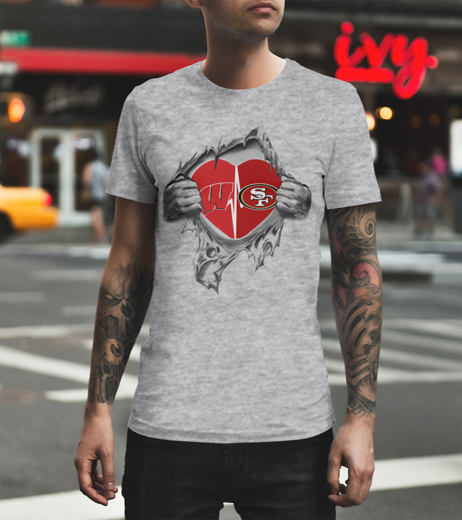 San Francisco 49ers Wisconsin Badgers Heart Logo Fusion T-Shirt