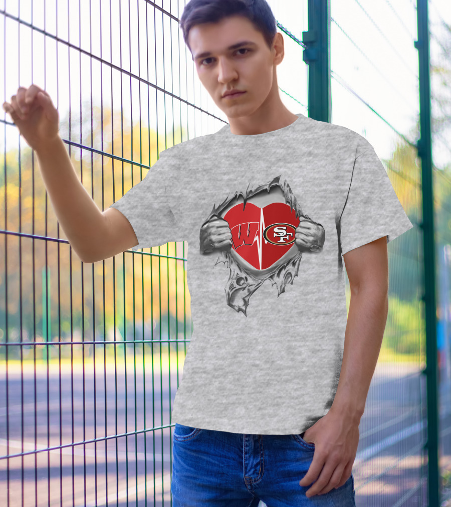 San Francisco 49ers Wisconsin Badgers Heart Logo Fusion T-Shirt