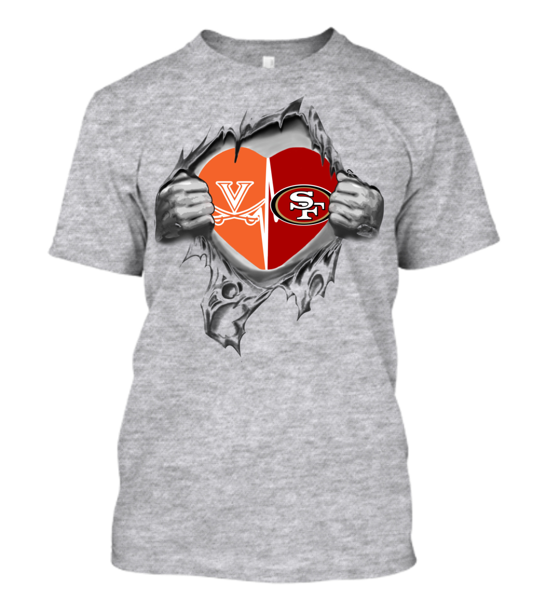 49Ers Cavaliers Heart With San Francisco And Virginia Logos Peeking Through Ripped Fabric T-Shirt