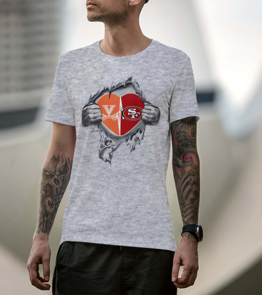 49Ers Cavaliers Heart With San Francisco And Virginia Logos Peeking Through Ripped Fabric T-Shirt