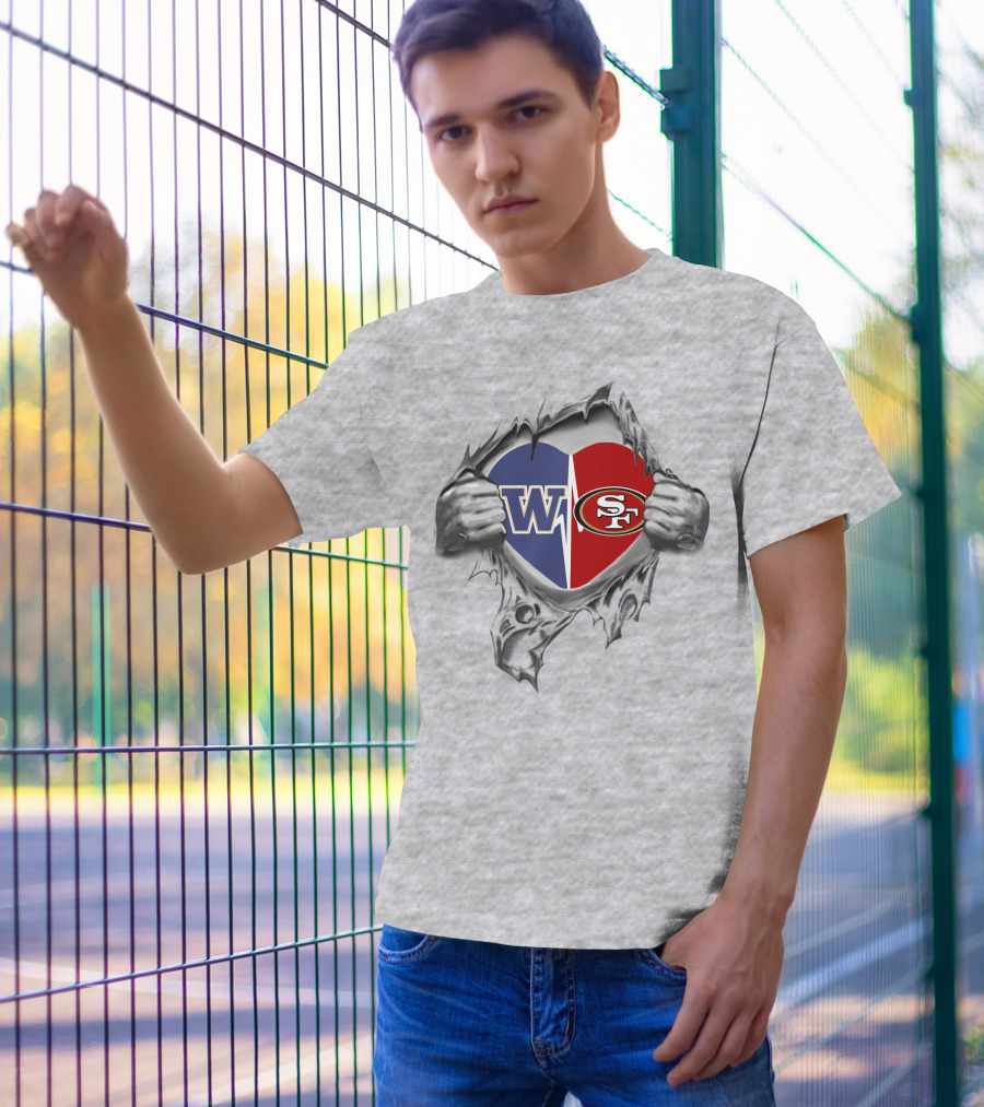 W Huskies SF 49ers Ripped Heart Logo Fusion T-Shirt