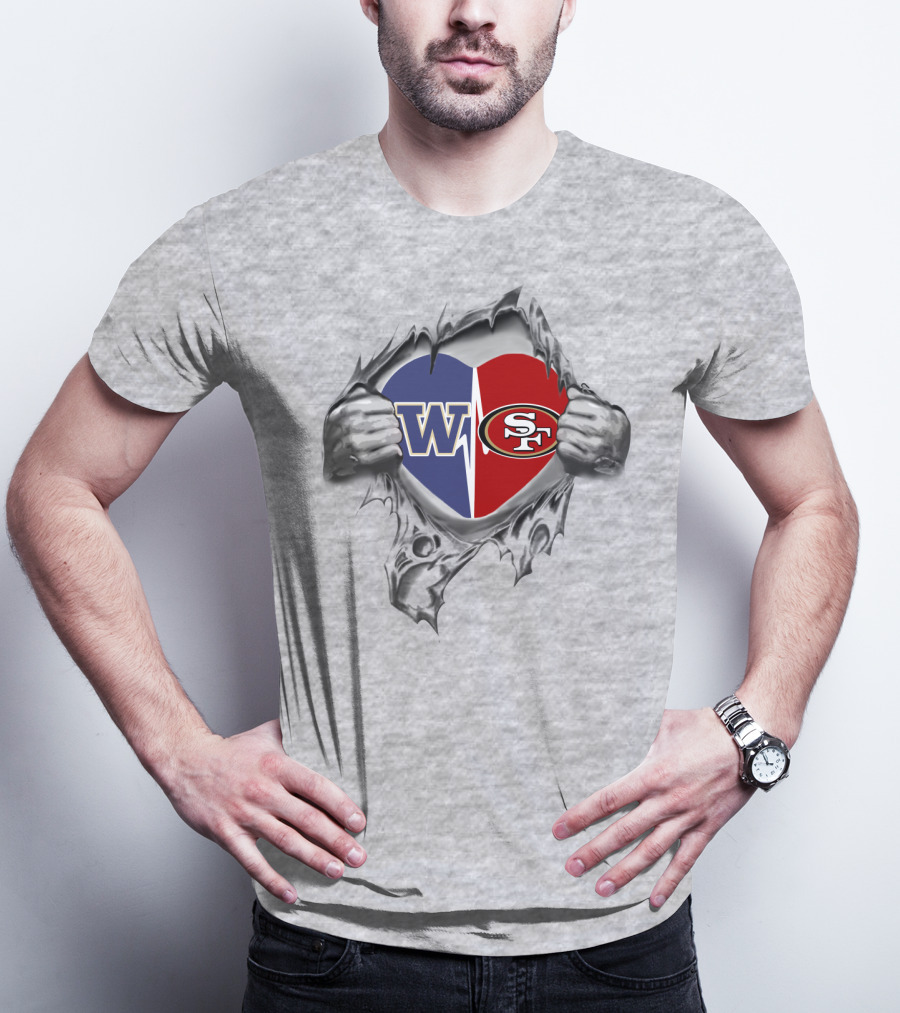 W Huskies SF 49ers Ripped Heart Logo Fusion T-Shirt