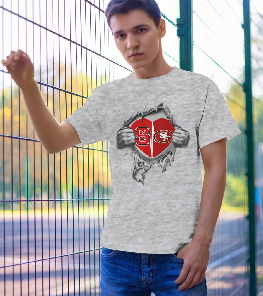 49Ers NC State Heart Symbol With Torn Fabric T-Shirt