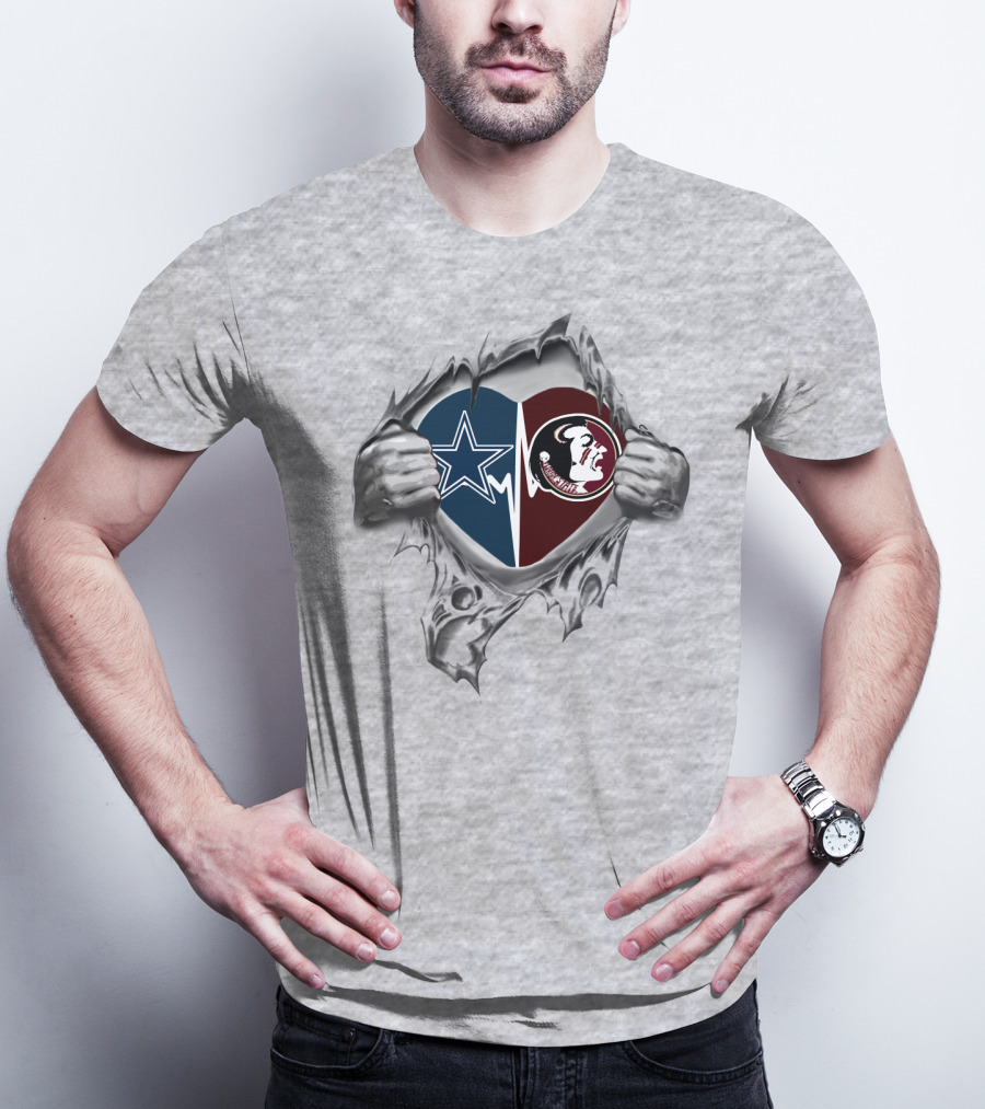 Cowboys Seminoles Heart Symbol With Team Logos Inside Ripped Hands T-Shirt