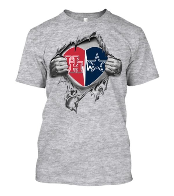 Cowboys Uh Split Heart With Symbols And Hands Tearing T-Shirt