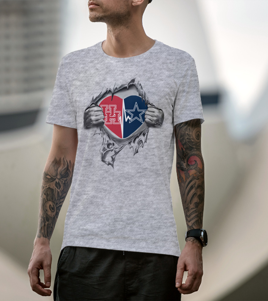 Cowboys Uh Split Heart With Symbols And Hands Tearing T-Shirt