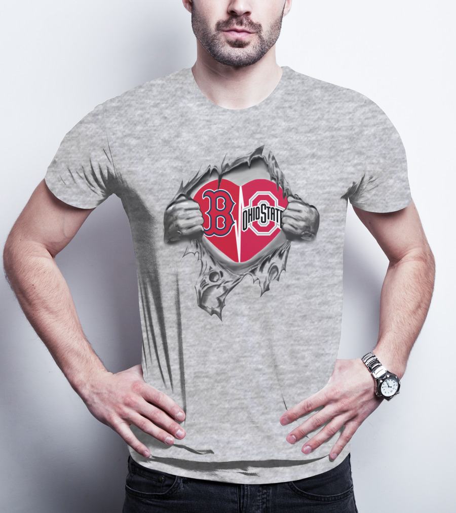 Boston Red Sox Ohio State Scarlet And Gray Heart Emblem Peeling Hands T-Shirt