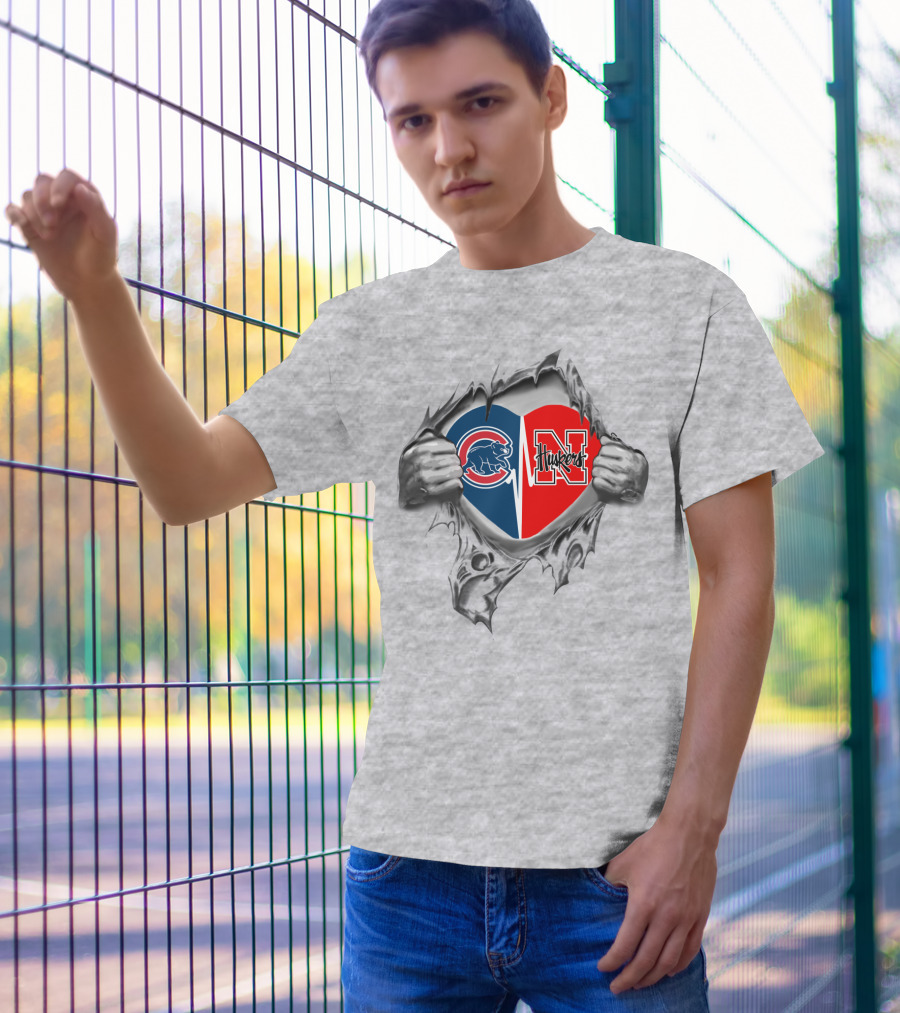 Cubs And Huskers Heart Logo With Hands Ripping Gray Background T-Shirt