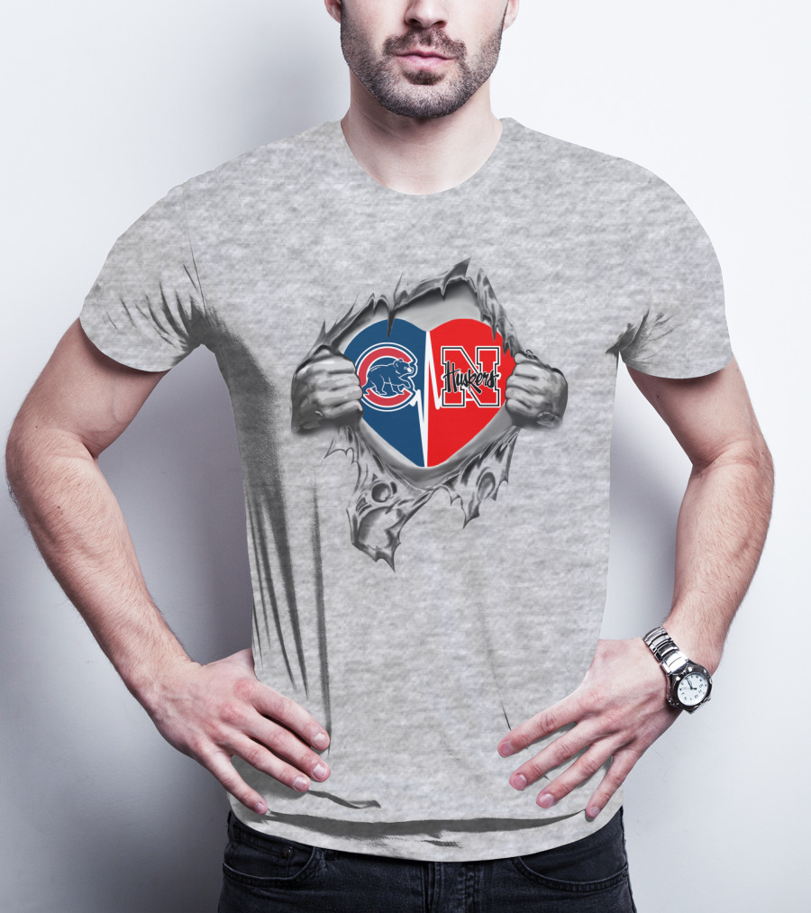 Cubs And Huskers Heart Logo With Hands Ripping Gray Background T-Shirt