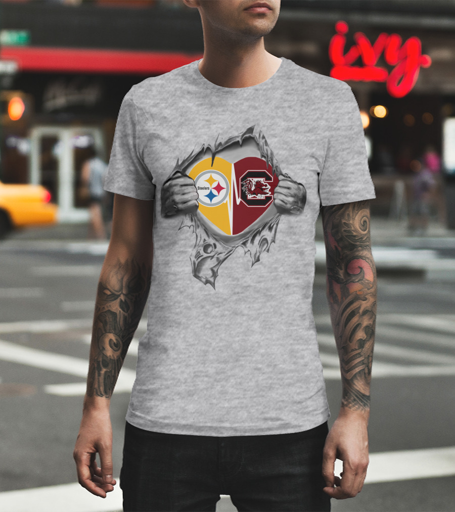 Steelers Gamecocks Heart Emblem Featuring Dual Logos With Team Spirit T-Shirt