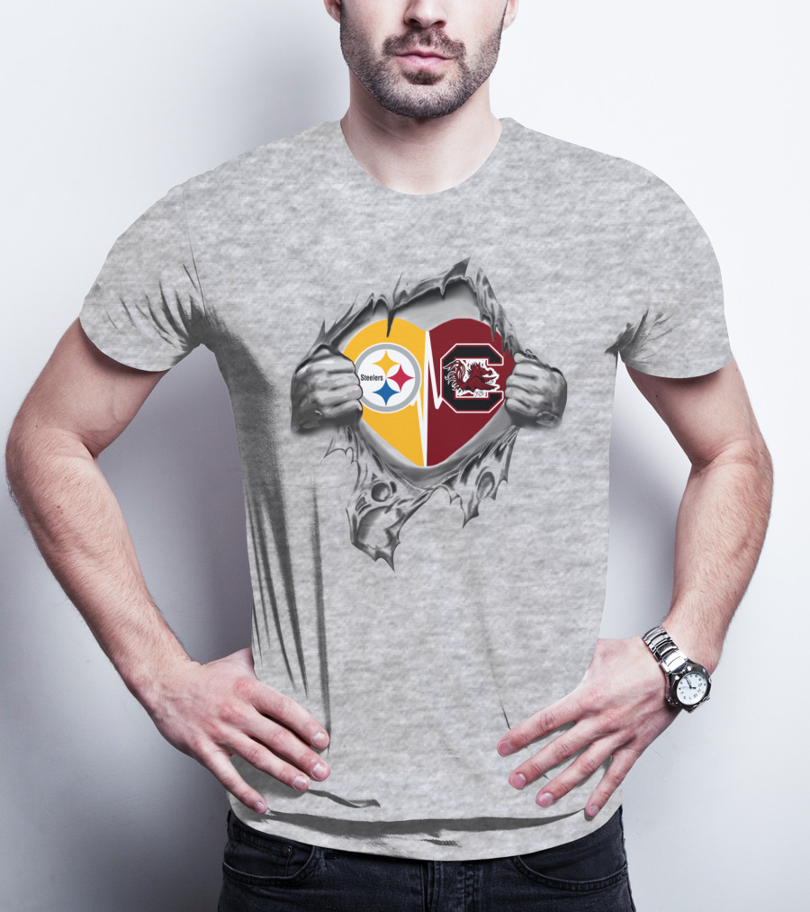 Steelers Gamecocks Heart Emblem Featuring Dual Logos With Team Spirit T-Shirt