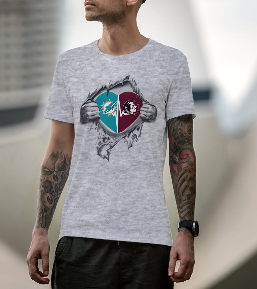 Heart Of Dolphins And Seminoles Logos Torn Open T-Shirt