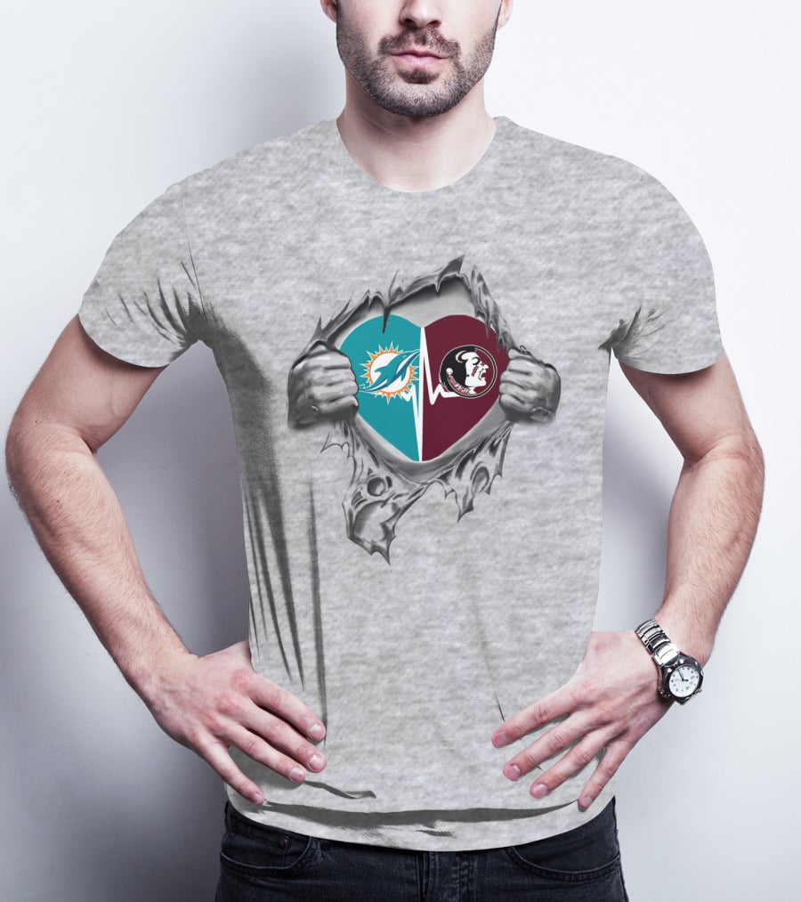 Heart Of Dolphins And Seminoles Logos Torn Open T-Shirt