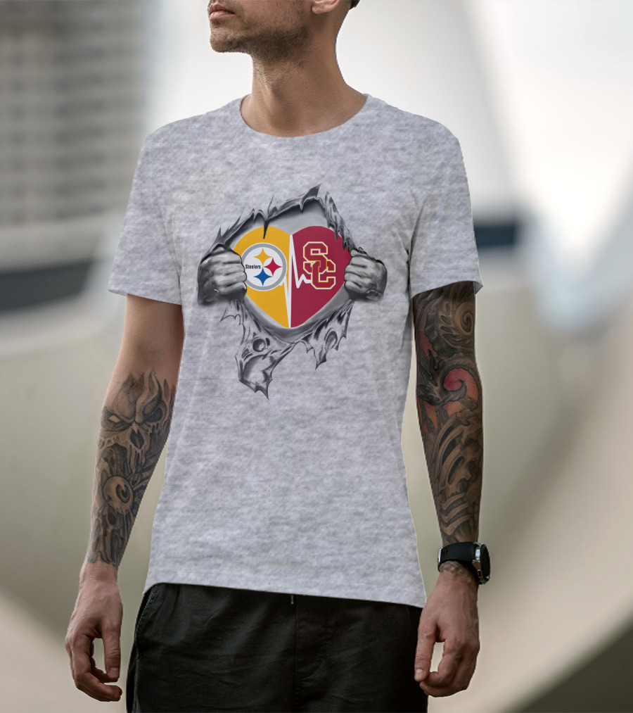 Steelers Trojans Heart Peel Steelers Emblem Trojan T-Shirt
