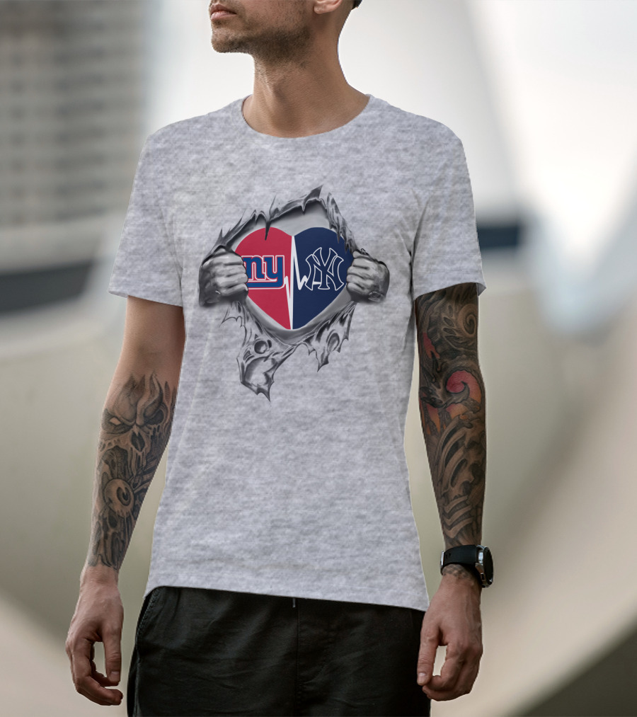Ny Giants Ny Yankees Heartbeat Split Logo Tear T-Shirt