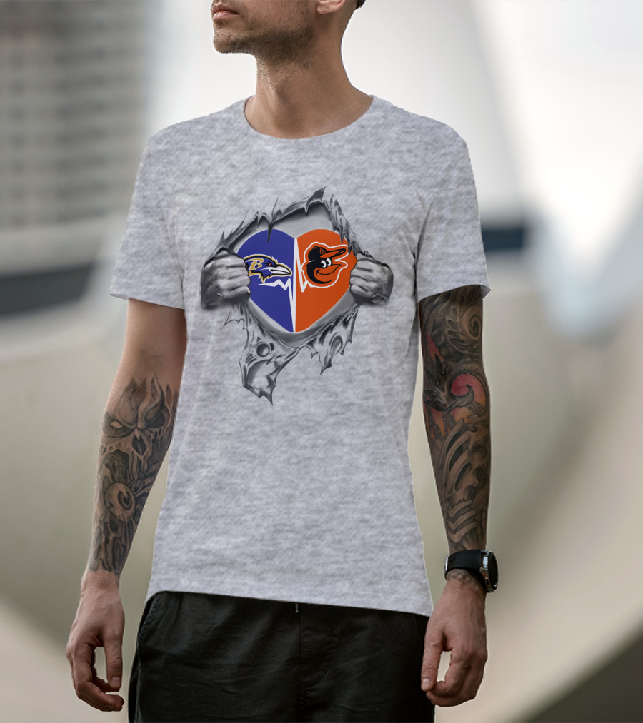 Ravens Orioles Heart Embrace Dual Logos T-Shirt