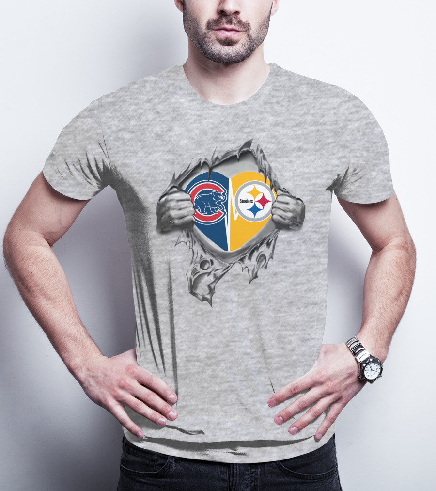 Cubs Steelers Heart Logo Ripped T-Shirt