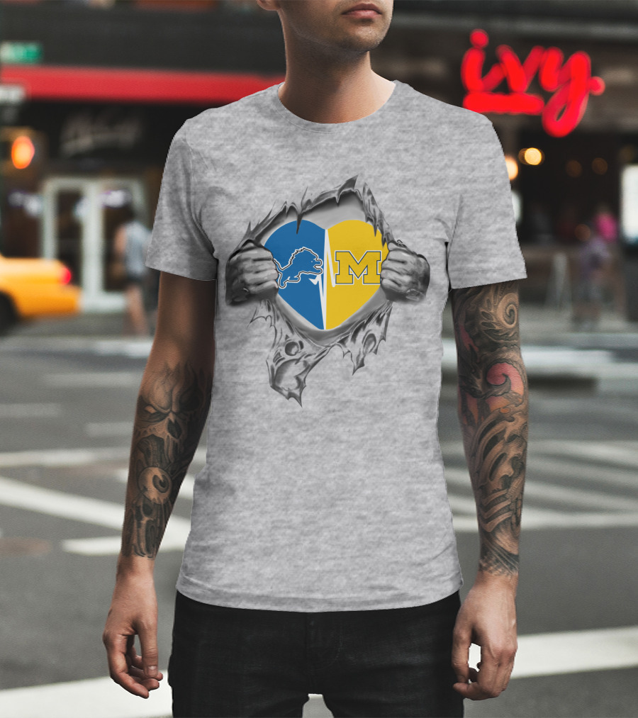 Detroit Lions Michigan Wolverines Heart Blue Yellow Split T-Shirt