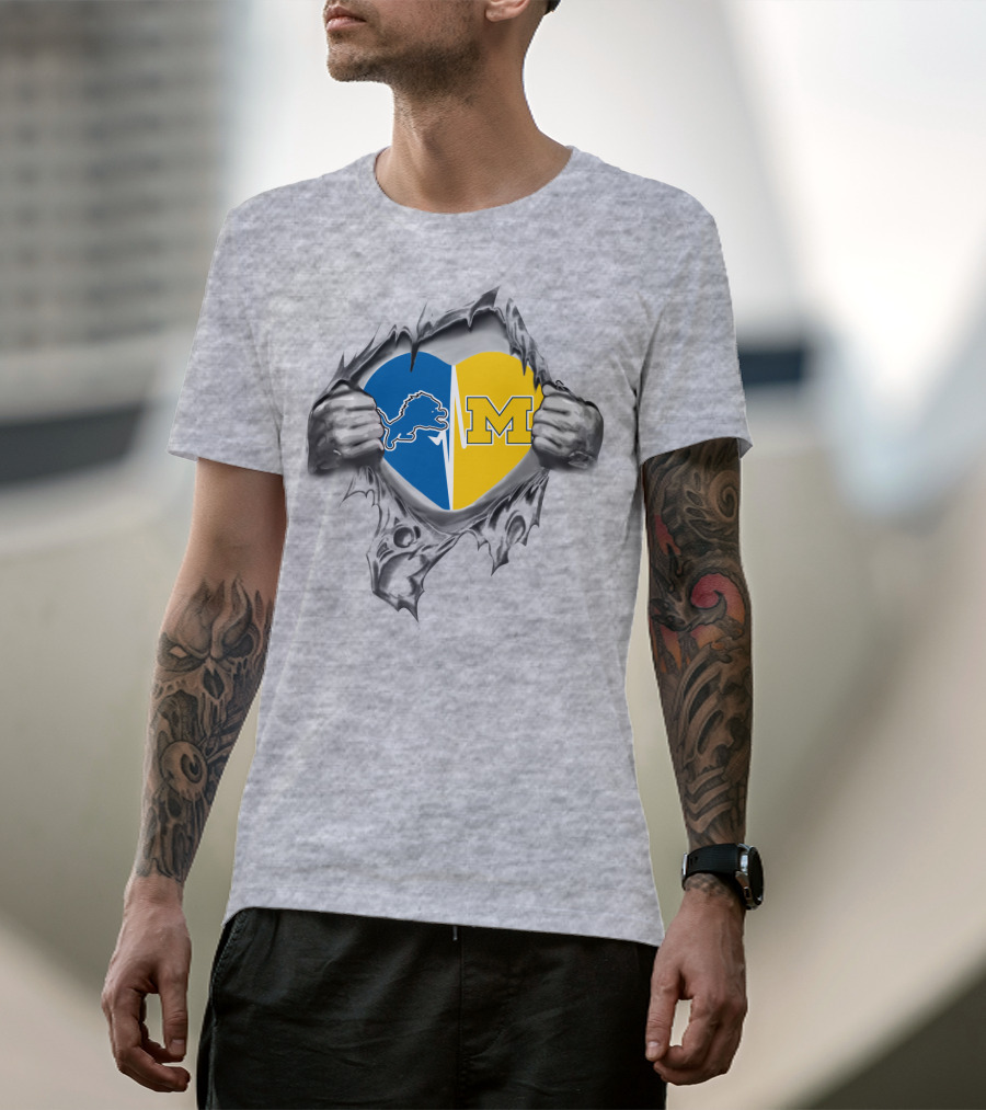 Detroit Lions Michigan Wolverines Heart Blue Yellow Split T-Shirt