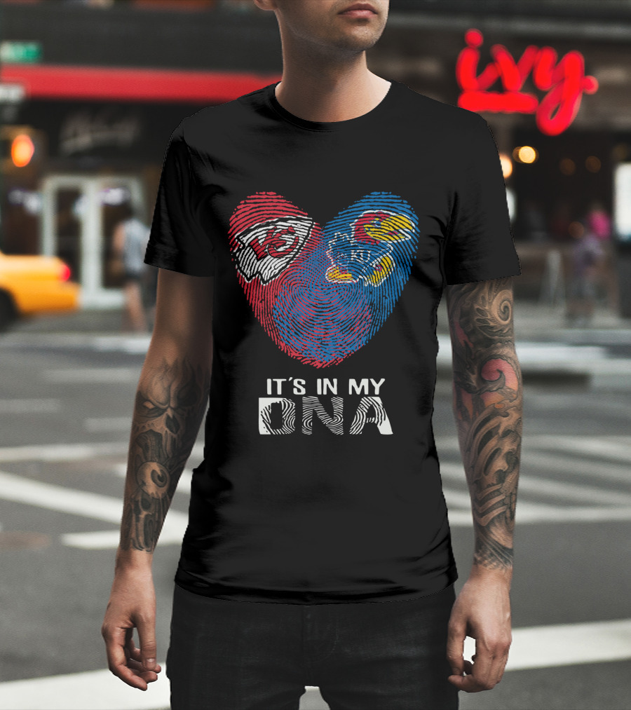 Kansas City Chiefs Kansas Jayhawks Heart It's In My Dna Fingerprint T-Shirt