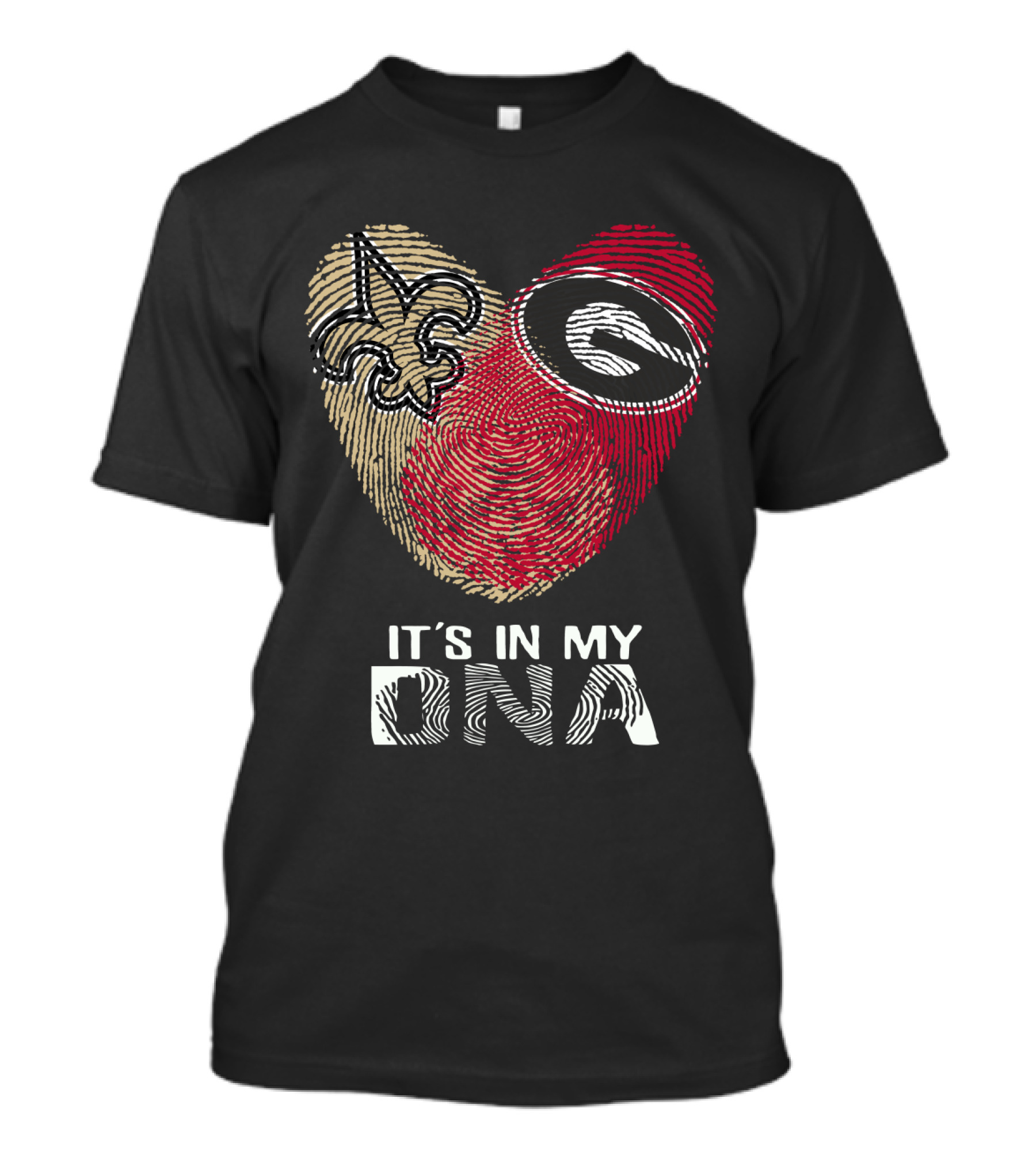 Saints Bulldogs It's In My DNA Fleur-de-Lis And Georgia Logo Fingerprint Heart T-Shirt