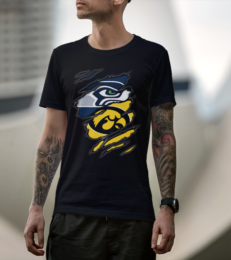 Seahawks And Iowa Hawkeyes Logos In Torn Ripped Style T-Shirt