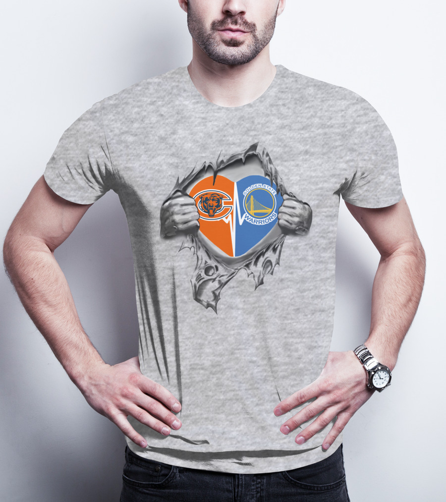 Bears Warriors It's In My Heart Chicago Golden State Logos Inside Torn T-Shirt