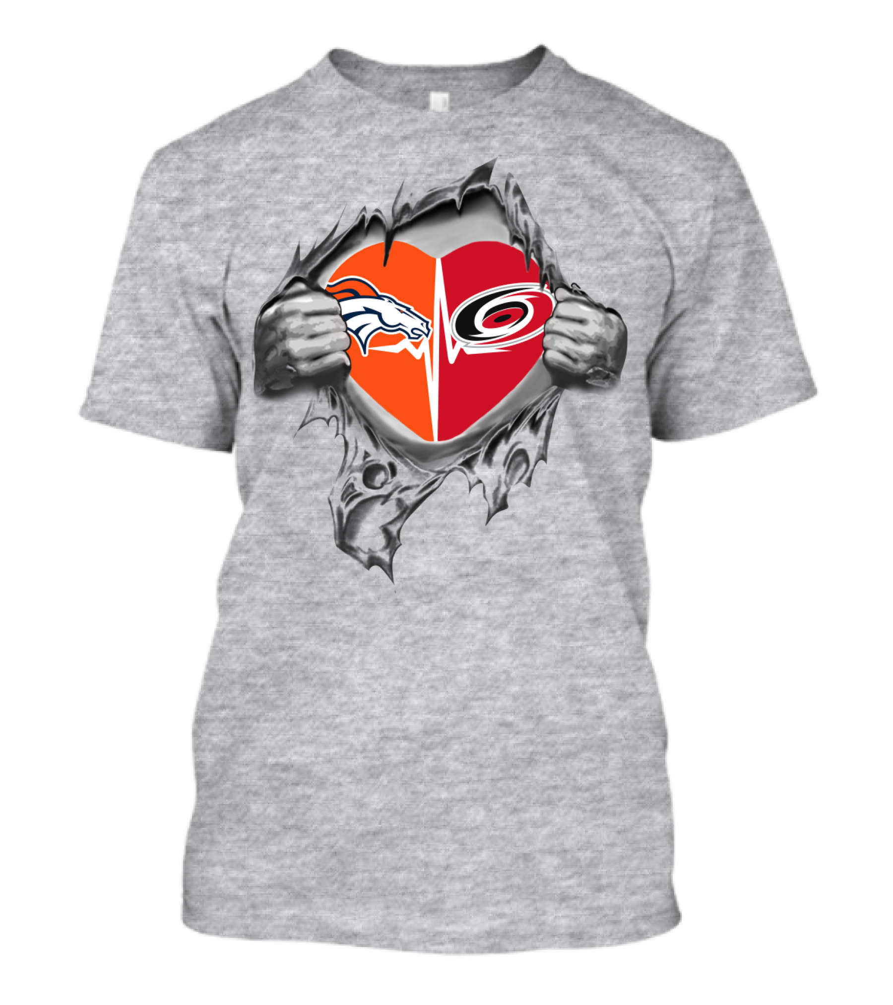 Broncos Hurricanes Heart Rip Through Design With Logos T-Shirt