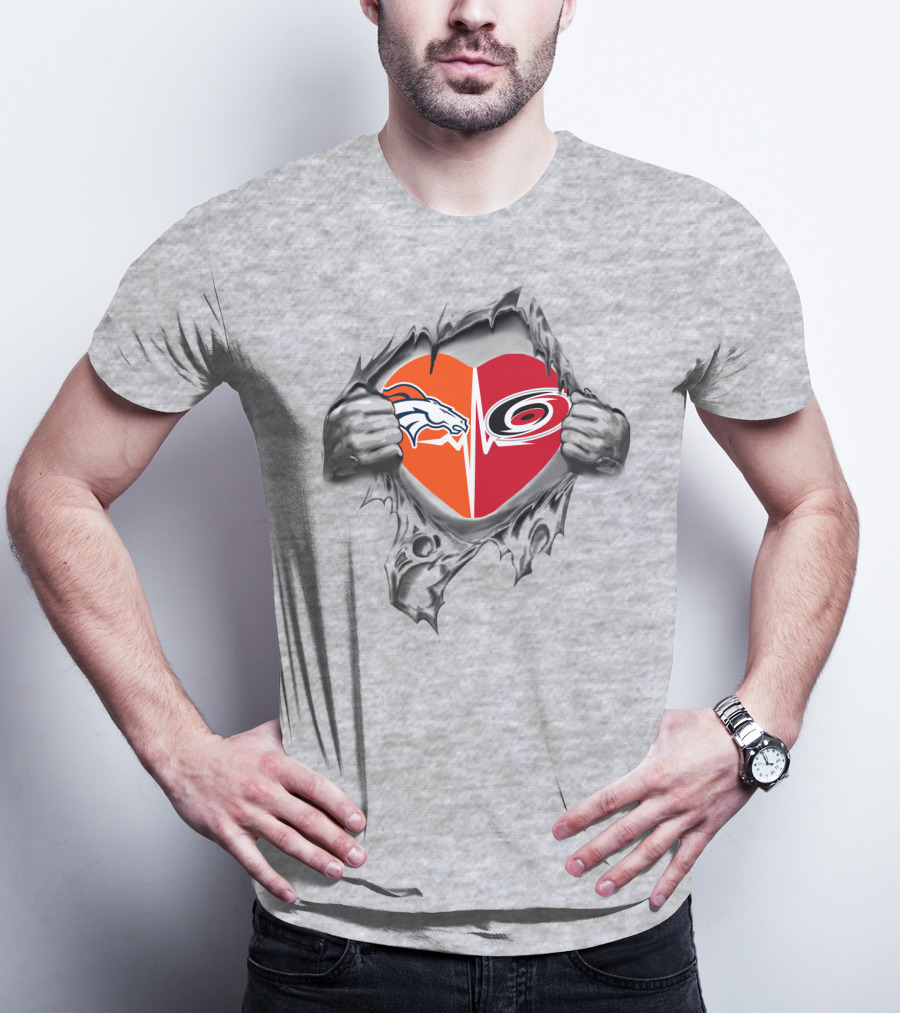 Broncos Hurricanes Heart Rip Through Design With Logos T-Shirt