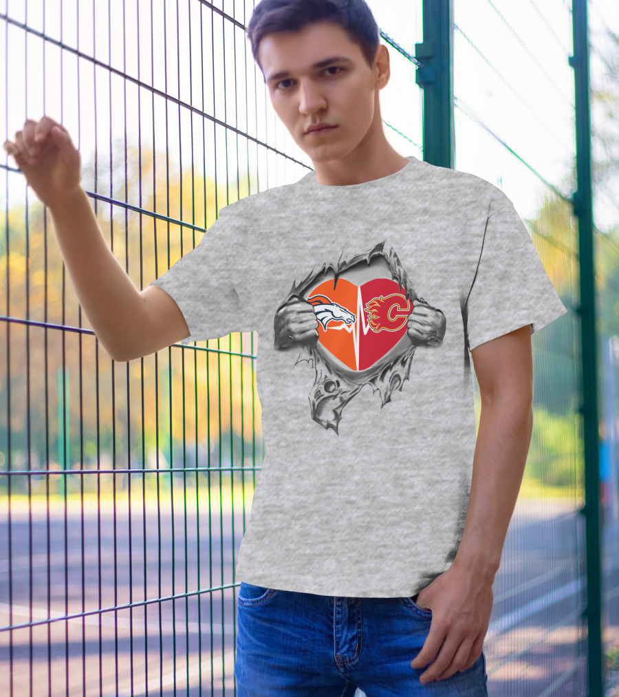 Broncos Calgary Flames Heart Logo Fusion Embrace T-Shirt