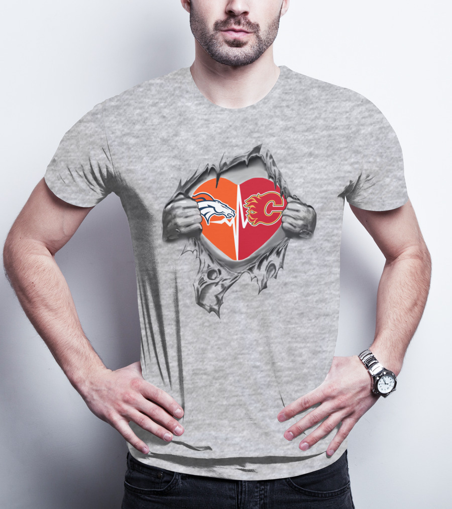 Broncos Calgary Flames Heart Logo Fusion Embrace T-Shirt