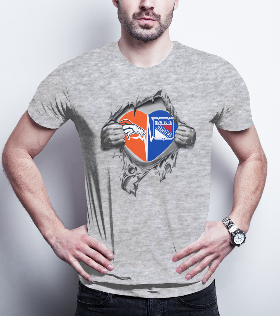 Broncos New York Rangers Heart Inside Tearing Through T-Shirt