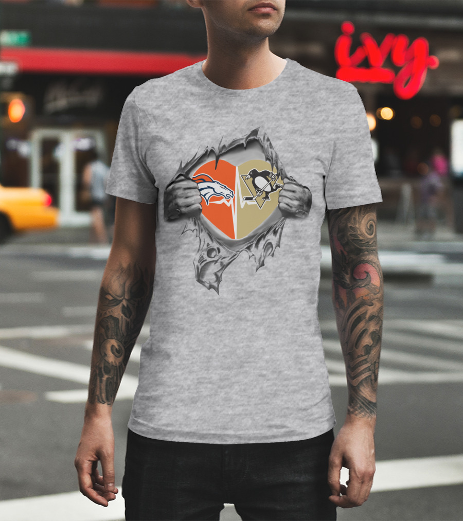 Denver Broncos Pittsburgh Penguins Heart Torn Open T-Shirt