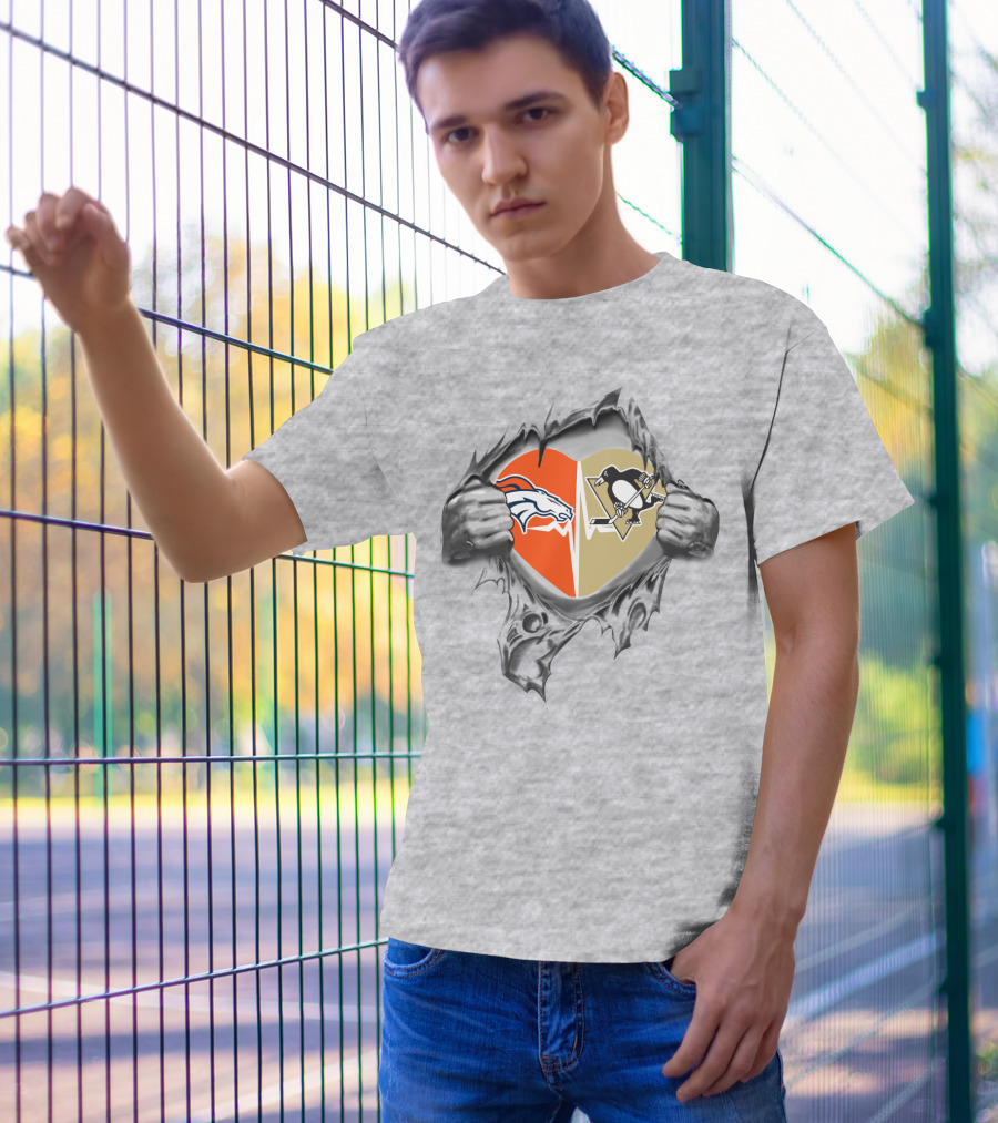 Denver Broncos Pittsburgh Penguins Heart Torn Open T-Shirt