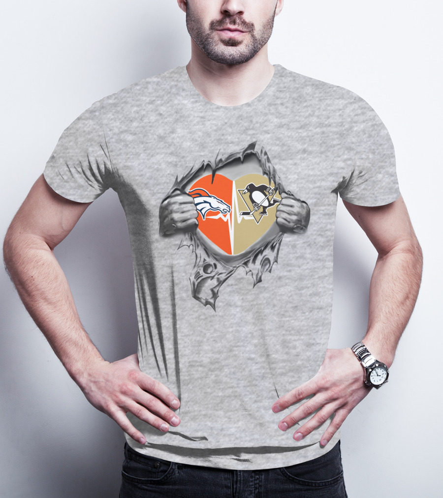 Denver Broncos Pittsburgh Penguins Heart Torn Open T-Shirt