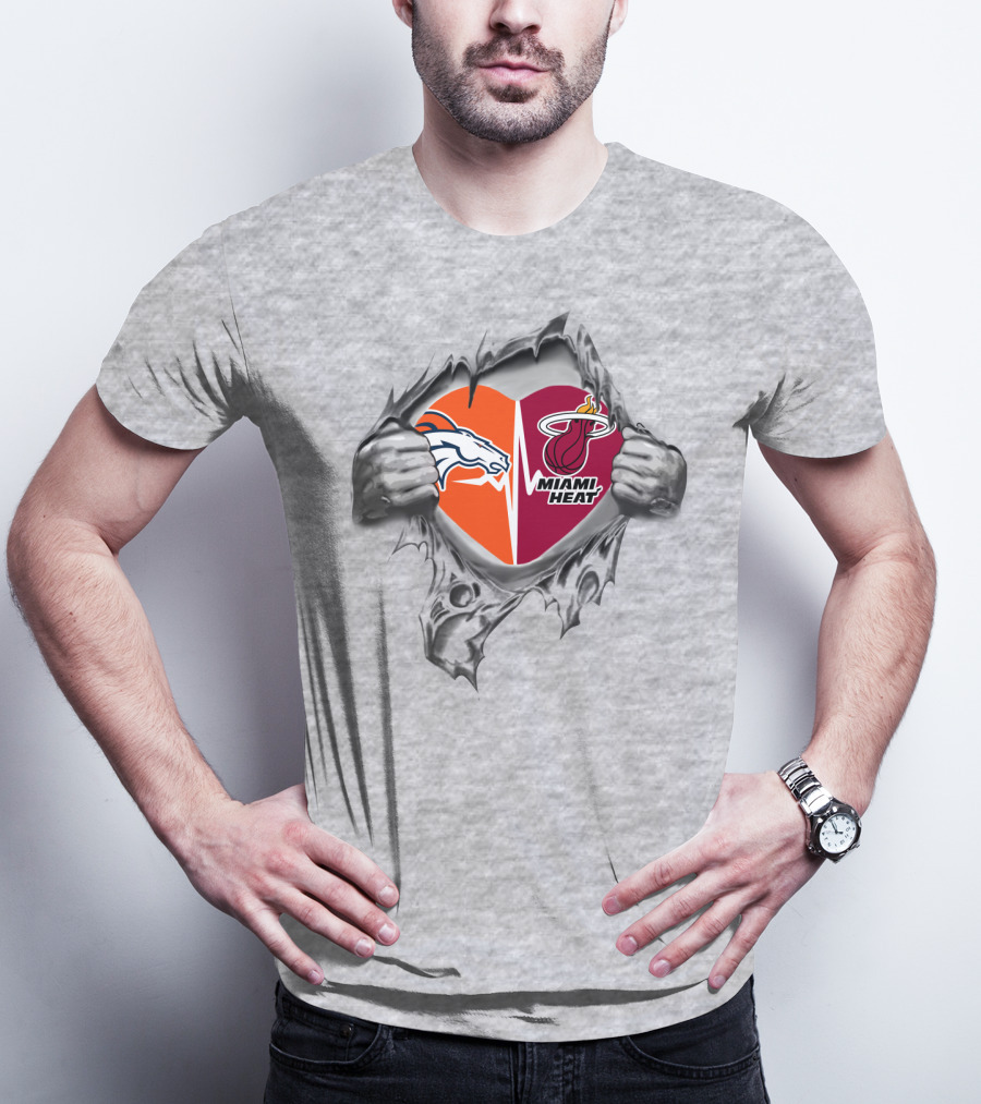 Denver Broncos Miami Heat Heart Logos Unity T-Shirt