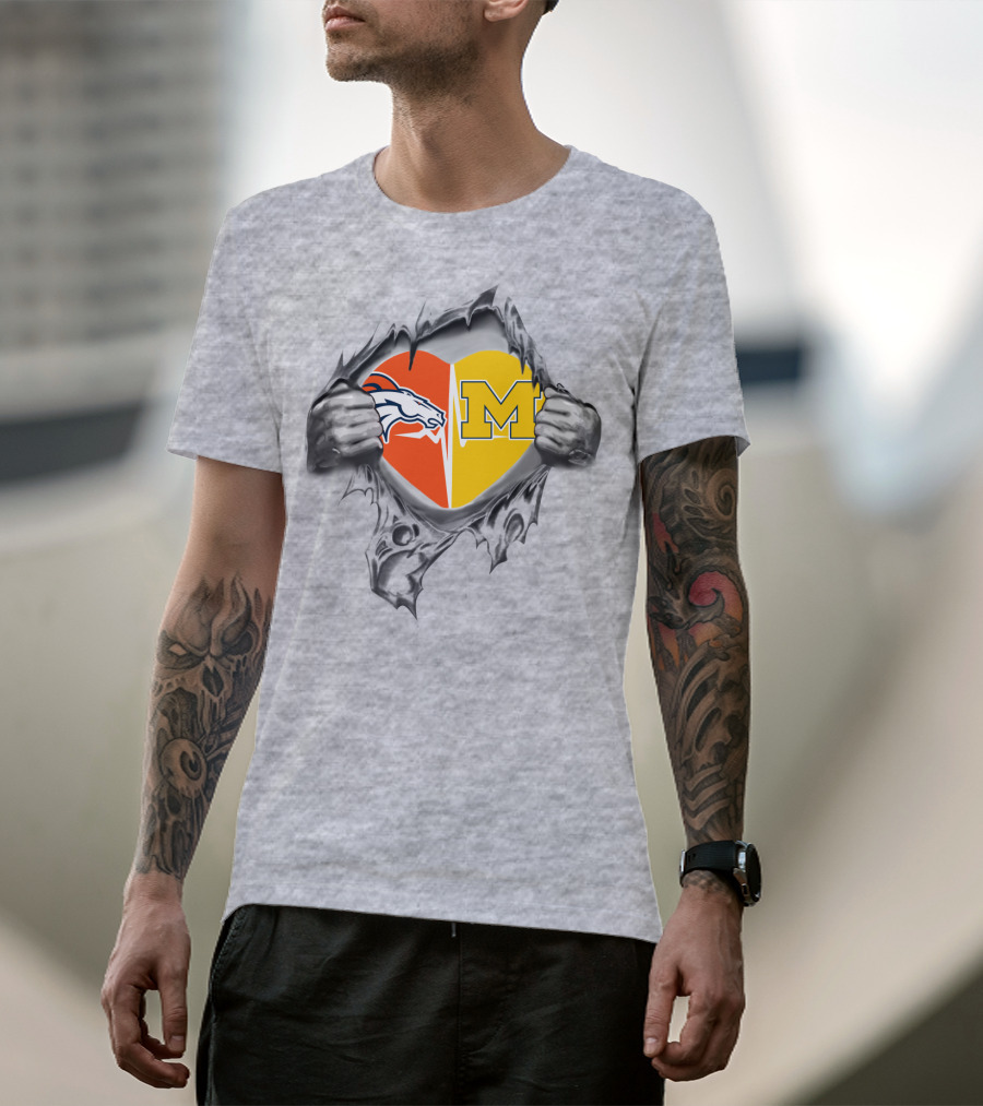 Broncos Michigan Heart Logo Tearing Dual Team Pride T-Shirt