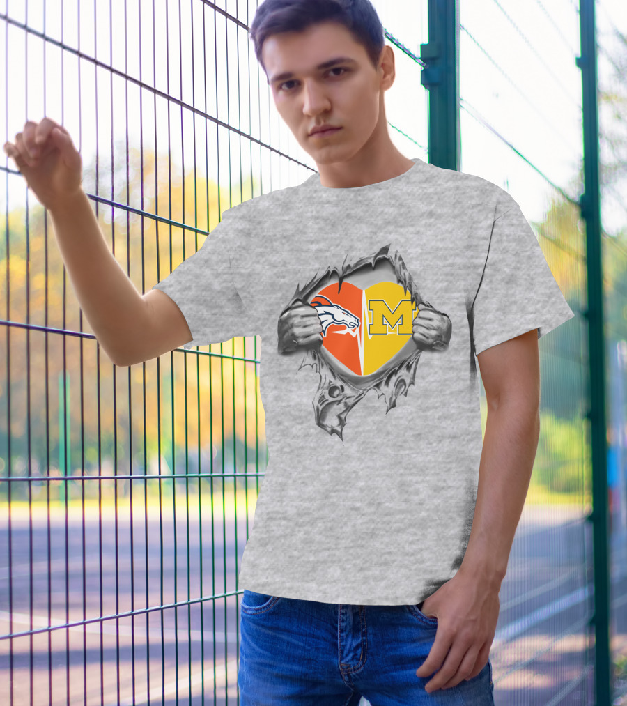 Broncos Michigan Heart Logo Tearing Dual Team Pride T-Shirt