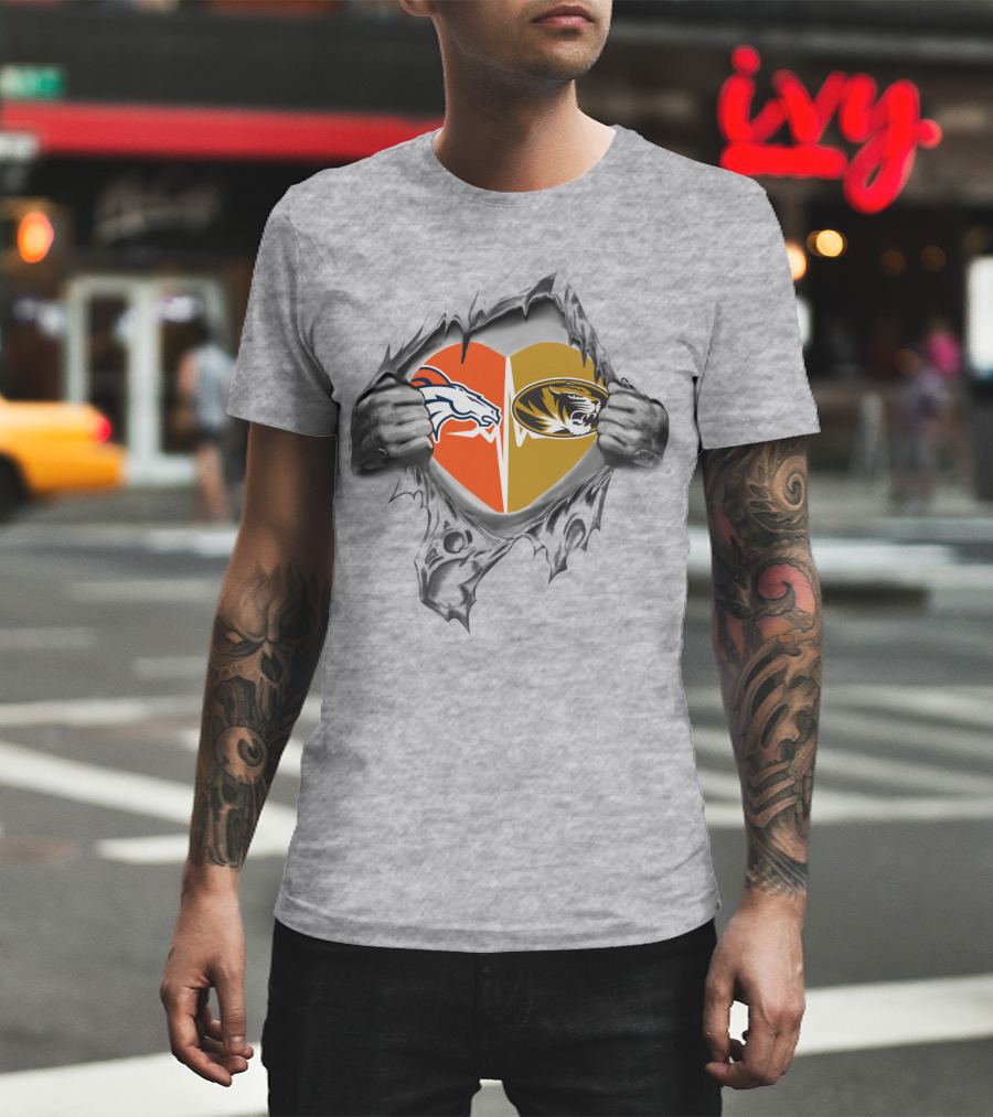 Broncos Missouri Tigers Heart Logos In Torn Hands T-Shirt